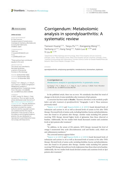 Pdf Corrigendum Metabolomic Analysis In Spondyloarthritis A
