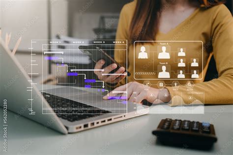 Woman Hand Project Manager Working And Update Tasks And Gantt Chart Scheduling Virtual Diagram