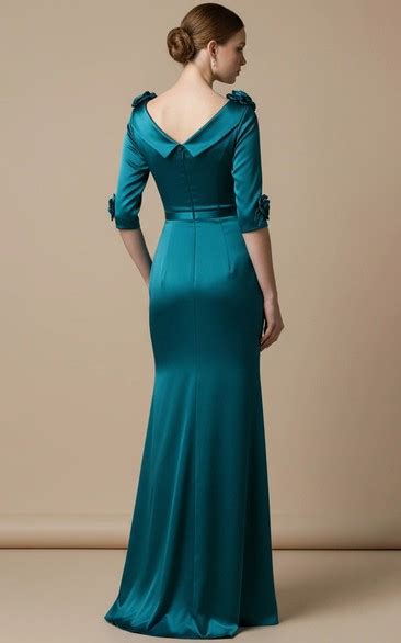 Teal Floral Embellished V Neck Seven Quarter Sleeve High Slit Sheath