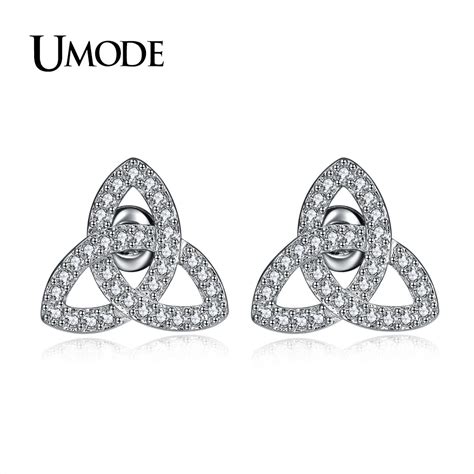 Umode 패션 Cz 크리스탈 꽃 Triquetra 스터드 귀걸이 화이트 골드 지르콘 트리니티 매듭 Pendientes Mujer Moda Aue0324단추모양 귀걸이