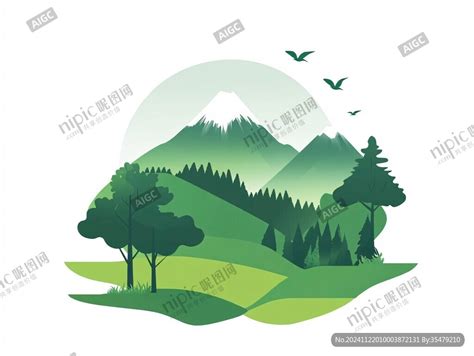 AI创作图扁平化自然插画 原创插画风景标志 手绘森林山峰草地 风景插画logo 山脉插画logo 自然生态山野绿色 乡村造林森林logo 绿叶