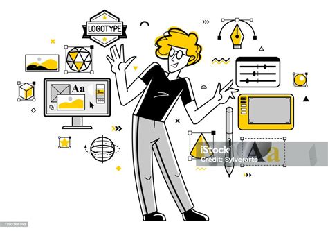 컴퓨터 소프트웨어를 사용하여 창의적인 작업을 하는 그래픽 디자이너 프로젝트 벡터 개요 일러스트레이션 구성 및 편집을 작업하는