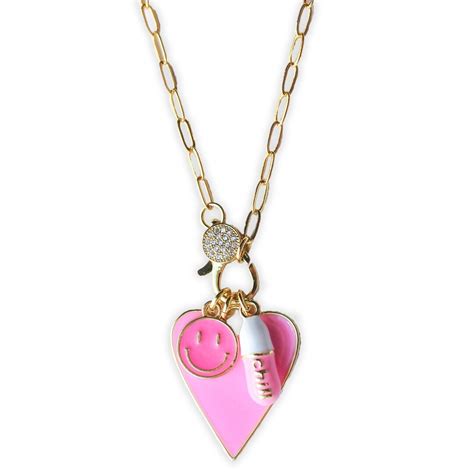 Chill Pill Smiley Face Pink Heart Necklace Pave Front Clasp With