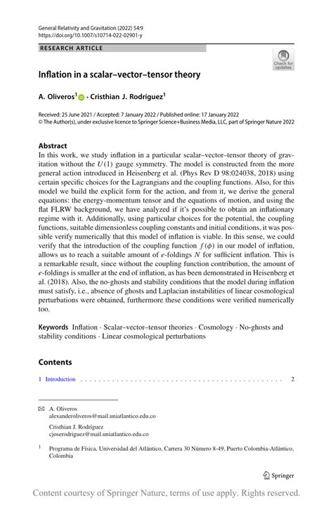 Inflation In A Scalarvectortensor Theory Request Pdf