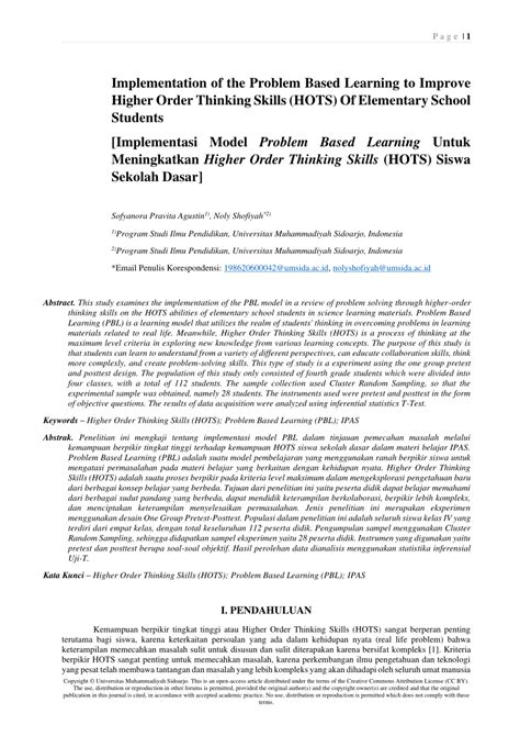Pdf Implementation Of The Problem Based Learning To Improve Higher Order Thinking Skills Hots