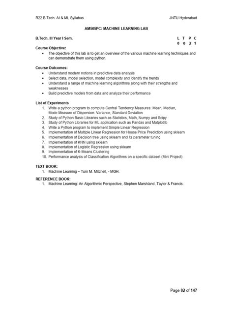 Btech Ai And Ml Machine Learning Lab Syllabus Pdf