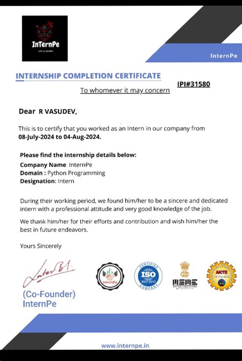 R Vasudev On Linkedin Internship Internpe Pythonprogramming Careergrowth