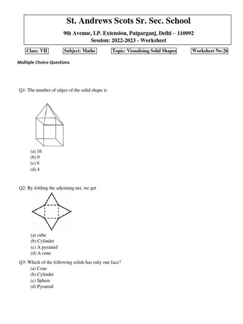 Maths Ch 15 Visualising Solid Shapes Ws 26 Vii Pdf