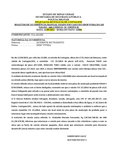 Modelo De Boletim De Ocorrencia Manual Pdf Transporte