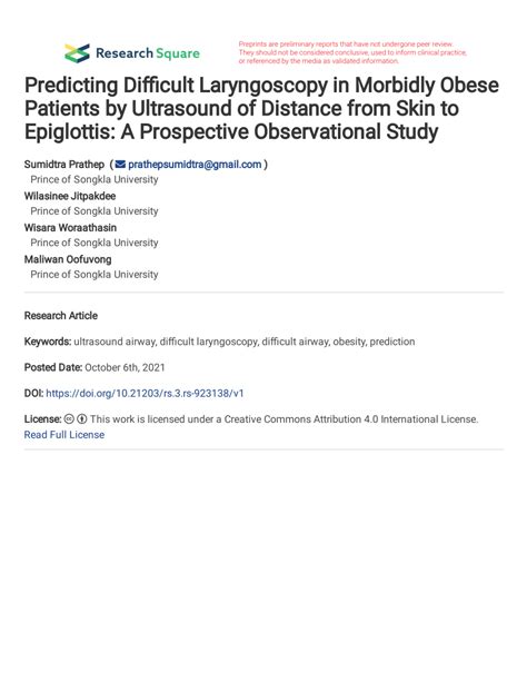 Pdf Predicting Difficult Laryngoscopy In Morbidly Obese Patients By Ultrasound Of Distance