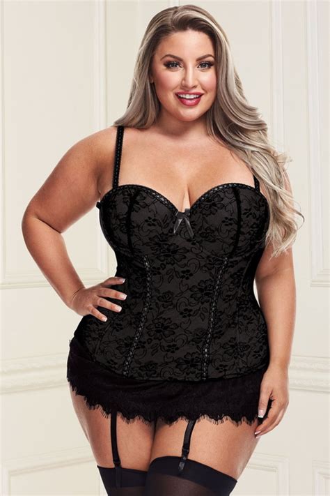 Plus Size Blue Lace Overlay Bustier And G String Spicy Lingerie