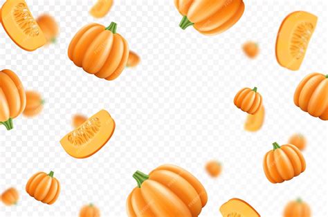 투명한 배경에 고립된 떨어지는 호박 흐릿한 효과가 있는 전체 및 얇게 썬 주황색 호박을 날아다니는 광고 포장 배너 포스터 인쇄에 사용할 수 있습니다 현실적인 3d 벡터