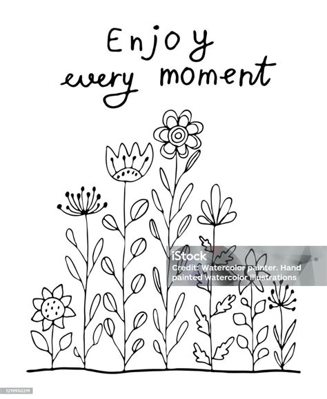흑백 여름 꽃과 잎 벡터 그림입니다 손 그리기 낙서 인사말 카드입니다 모든 순간 문자를 즐길 수 있습니다 개화기에 대한 스톡