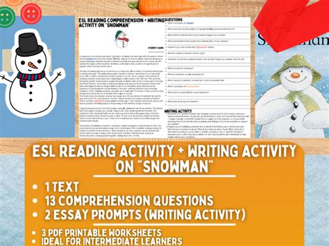 Esl Reading Comprehension Writing Activity Worksheets On Snowman By Teach Simple