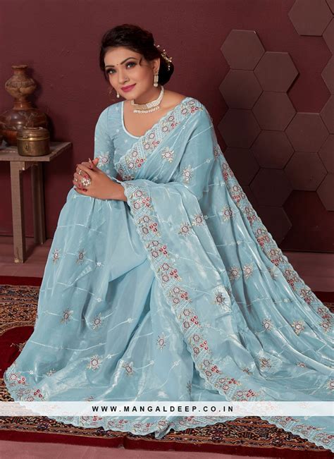 Epitome Aqua Blue Satin Classic Saree