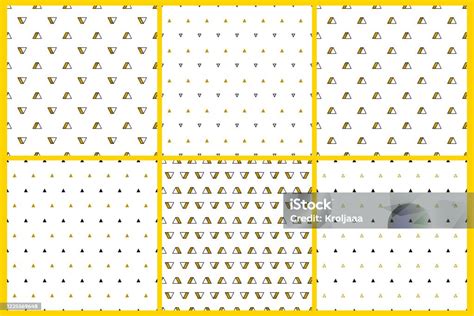 흰색 배경에 설정된 골드 삼각형 패턴입니다 원활한 반복 패턴을 추상화합니다 황금 빛기하의 기하학적 모양과 최소한의 디자인 벡터