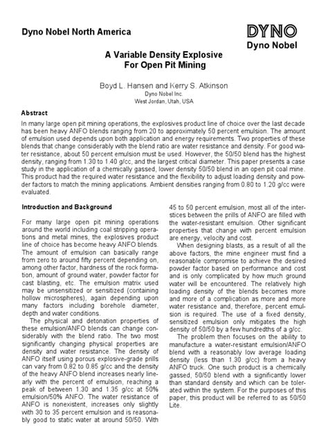 Variable Density Explosive For Open Pit Mining Pdf Coal Mining