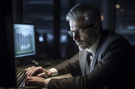 Premium AI Image A Man In A Suit Sits At A Computer In A Dark Room Looking At A Monitor That