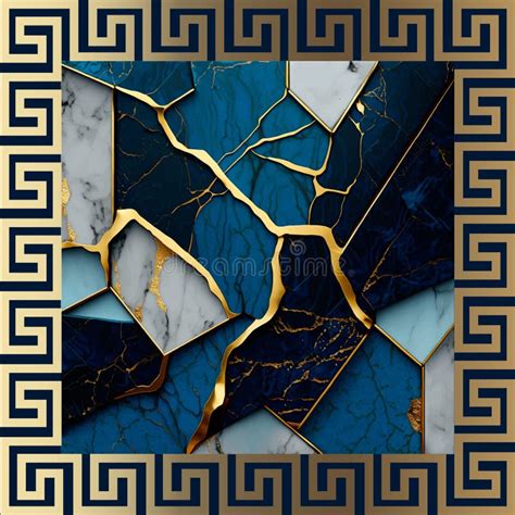 Luxury 3d Blue Marble Mosaic Abstract Pattern Background With Gold