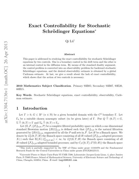Pdf Exact Controllability For Stochastic Schrodinger Equations