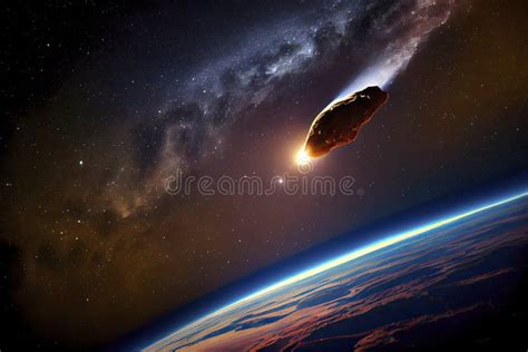 Comet Asteroid Meteorite Flying To Planet Earth On Starry Night Sky Stock Illustration