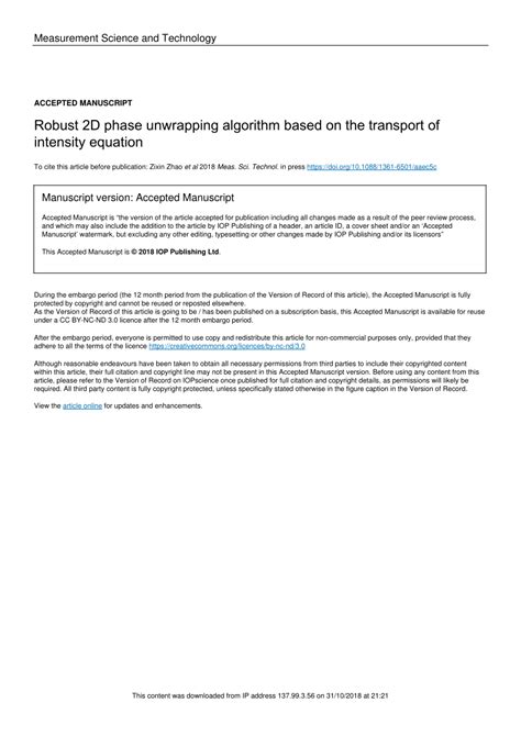 Pdf Robust 2d Phase Unwrapping Algorithm Based On The Transport Of