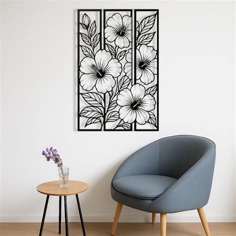 Floral Metal Wall Art Set Of 3 Black Flower Panel Wall Decor Modern