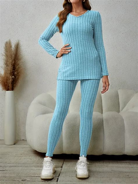 캐주얼 골지 니트 투피스 세트 긴팔 V넥 스플릿 밑단 상의 및 슬림 바지 복장 여성 의류 Temu Republic Of Korea