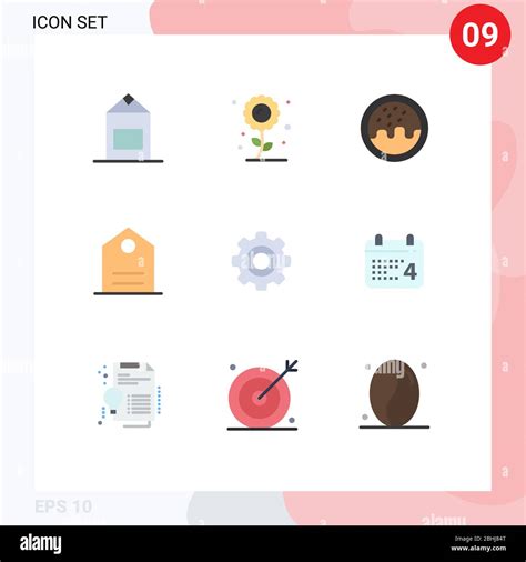 Set Of 9 Vector Flat Colors On Grid For Calender Gear Donut General Tagline Editable Vector