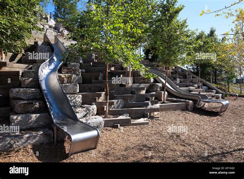Playground With Long Slides At The Hills Park On Governors Island Stock