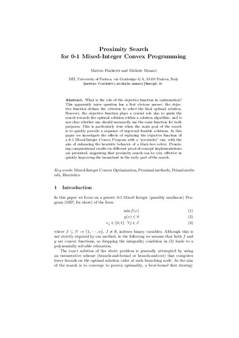 Pdf Proximity Search For 0 1 Mixed Integer Convex Programming