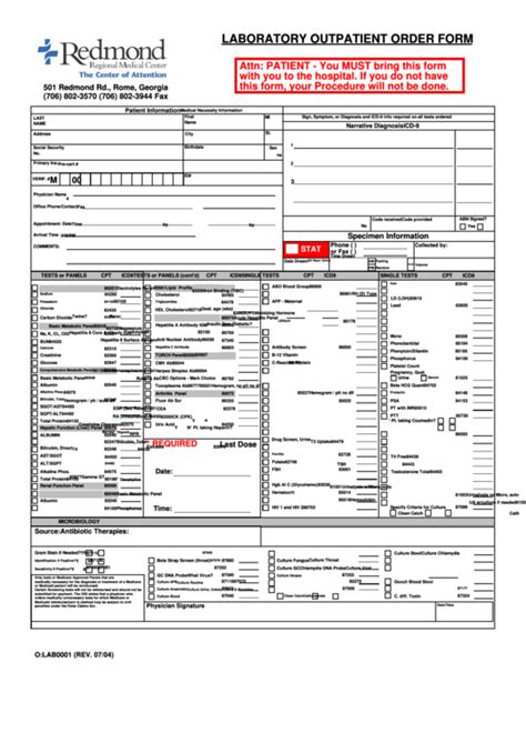 Laboratory Outpatient Order Form Printable Pdf Download