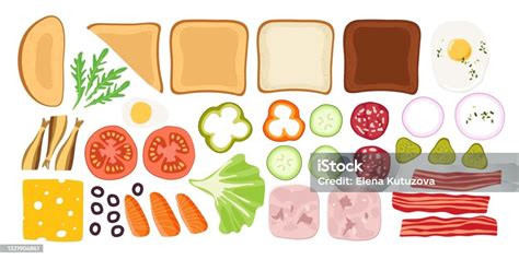 샌드위치 재료 얇게 썬 채소 육류 제품 채소를 만들어 샌드위치를 만듭니다 스낵 토스트 벡터 플랫에 고립 된 스낵의 오버 헤드 보기 맛있는 아침 식사 또는 패스트 푸드 메뉴의