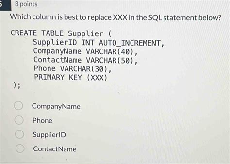 Solved 3 Points Which Column Is Best To Replace Xxx In The Sql Solved 3 Points Which Column Is Best To Replace Xxx In The Sql