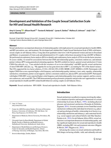 Development And Validation Of The Couple Sexual Satisfaction Scale For Hiv And Sexual Health