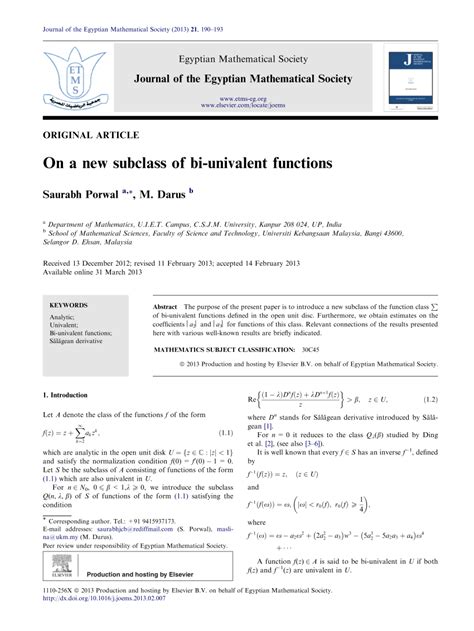 Pdf On A New Subclass Of Bi Univalent Functions