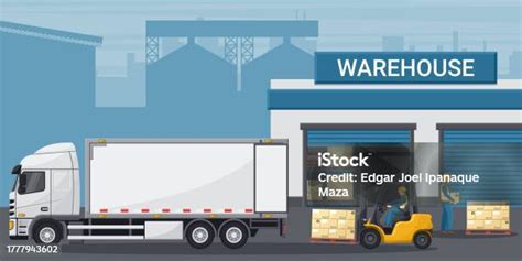 팔레트 지지용 산업용 금속 랙과 선반이 있는 창고 컨테이너 트럭에 상자를 적재하는 지게차 화물 및 운송 물류 제품의 산업 저장 및 유통 근로자의 날에 대한 스톡 벡터 아트