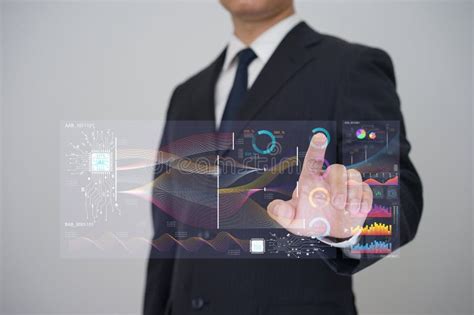 Businessman Interacts With Futuristic Digital Data Interface Analyzing Various Charts And