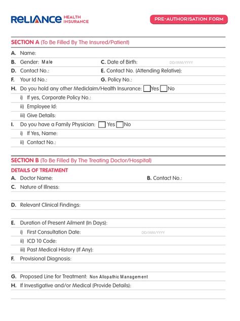 Reliance Health Insurance Pre Authorisation Form Pdf Hospital
