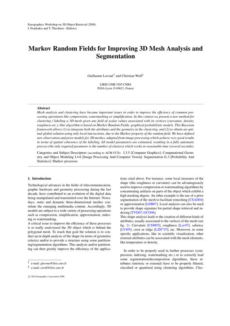 Pdf Markov Random Fields For Improving 3d Mesh Analysis And Segmentation