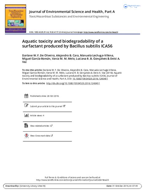 Pdf Aquatic Toxicity And Biodegradability Of A Surfactant Produced By Bacillus Subtilis Ica56