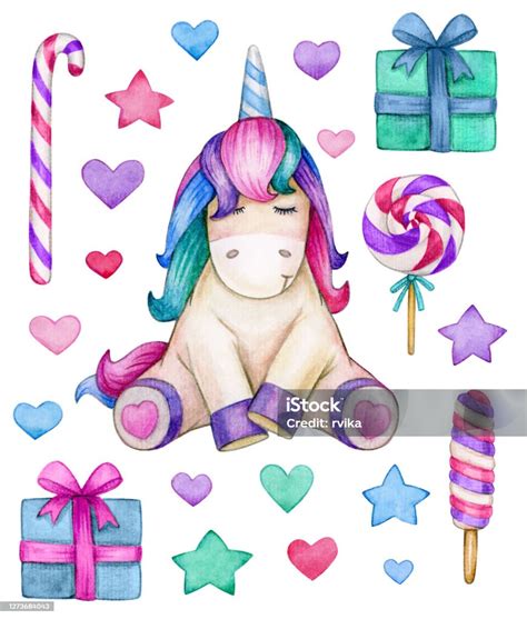 흰색에 고립 된 디자인에 대한 귀여운 유니콘과 요소 수채화 일러스트레이션 0명에 대한 스톡 벡터 아트 및 기타 이미지 0명 개체 그룹 귀여운 Istock