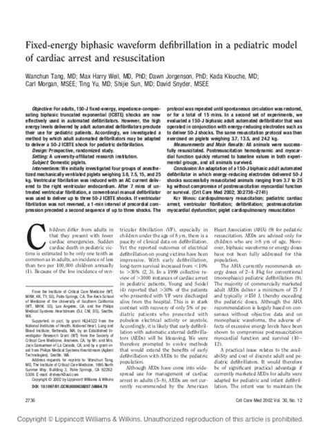 Pdf Fixed Energy Biphasic Waveform Defibrillation In A Pediatric Model Of Cardiac Arrest And