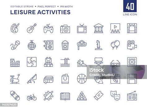 레저 활동 라인 아이콘 세트에는 그림 비디오 게임 박물관 영화관 극장 배낭 여행 낚시 등의 아이콘이 포함되어 있습니다 아이콘에 대한 스톡 벡터 아트 및 기타 이미지 Istock