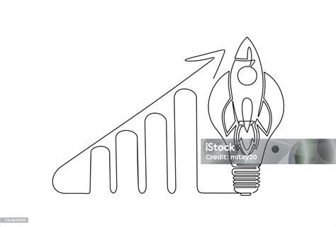 조명 아이디어 로켓 발사 선박 및 화살표 막대 그래프를 증가시키는 연속 선 그리기 연속 선 그리기 스타트업 비즈니스 벡터
