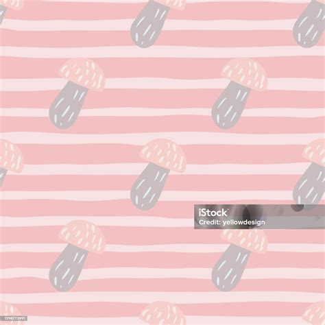 낙서 만화 채소 버섯 장식과 원활한 패턴 분홍색 줄무늬 배경 패턴에 대한 스톡 벡터 아트 및 기타 이미지 패턴 10월