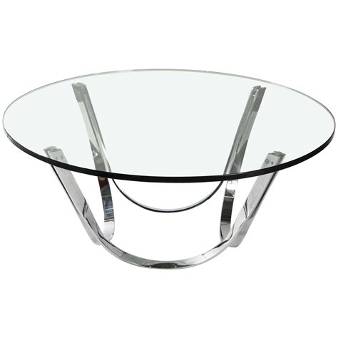 Circular Glass Coffee Table With Brass Base By Tri Mark Circa 1970s At