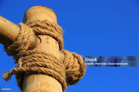 갈색 대마 로프의 꼬기로 여러 개의 큰 대나무 조각에 깔끔하게 묶여 있습니다 배경은 밝은 푸른 하늘입니다 0명에 대한 스톡 사진 및 기타 이미지 Istock