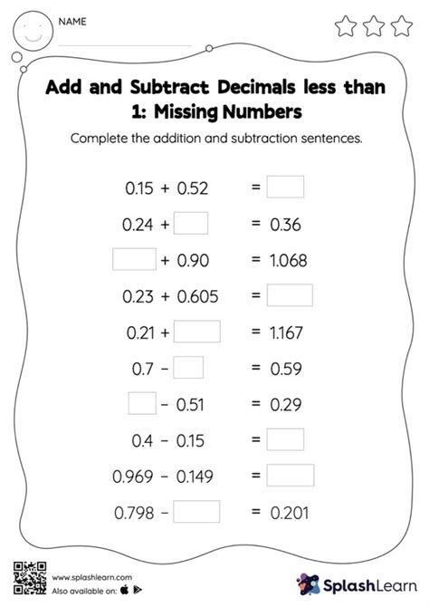 Add And Subtract Decimals Less Than Missing Numbers Worksheet