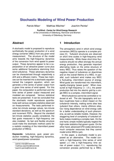 Pdf Stochastic Modeling Of Wind Power Production